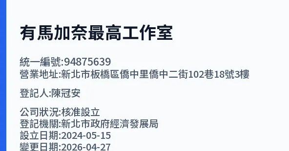 有馬加奈最高工作室的照片-統編 94875639(新北市) 公司登記資料與營業項目詳細圖表