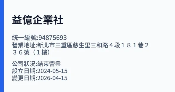 益億企業社的照片-統編 94875693(新北市) 公司登記資料與營業項目詳細圖表