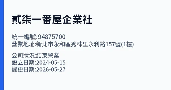 貳柒一番屋企業社的照片-統編 94875700(新北市) 公司登記資料與營業項目詳細圖表