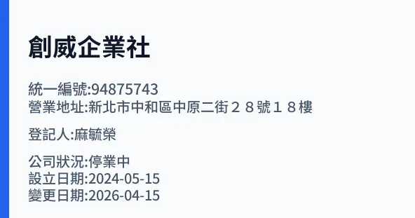 創威企業社的照片-統編 94875743(新北市) 公司登記資料與營業項目詳細圖表