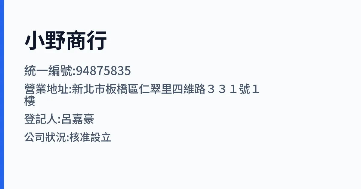 小野商行 - 統編 94875835(新北市) 公司登記資料與營業項目詳細圖表