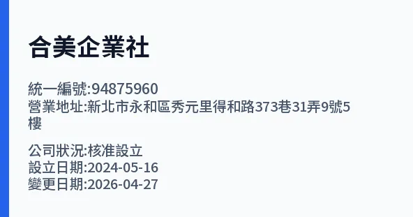 合美企業社的照片-統編 94875960(新北市) 公司登記資料與營業項目詳細圖表