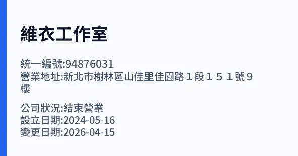 維衣工作室的照片-統編 94876031(新北市) 公司登記資料與營業項目詳細圖表