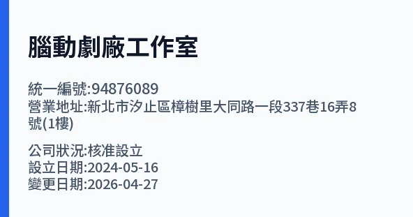 腦動劇廠工作室的照片-統編 94876089(新北市) 公司登記資料與營業項目詳細圖表