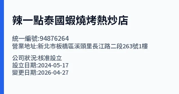 辣一點泰國蝦燒烤熱炒店的照片-統編 94876264(新北市) 公司登記資料與營業項目詳細圖表