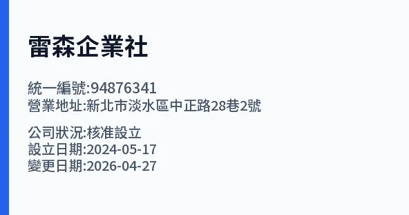 雷森企業社的照片-統編 94876341(新北市) 公司登記資料與營業項目詳細圖表