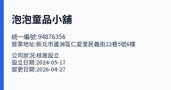 泡泡童品小舖的照片-統編 94876356(新北市) 公司登記資料與營業項目詳細圖表