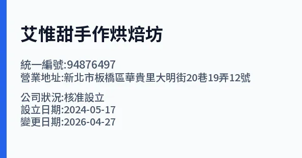 艾惟甜手作烘焙坊的照片-統編 94876497(新北市) 公司登記資料與營業項目詳細圖表