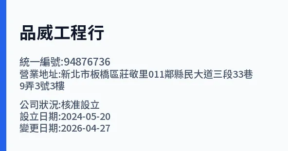 品威工程行的照片-統編 94876736(新北市) 公司登記資料與營業項目詳細圖表