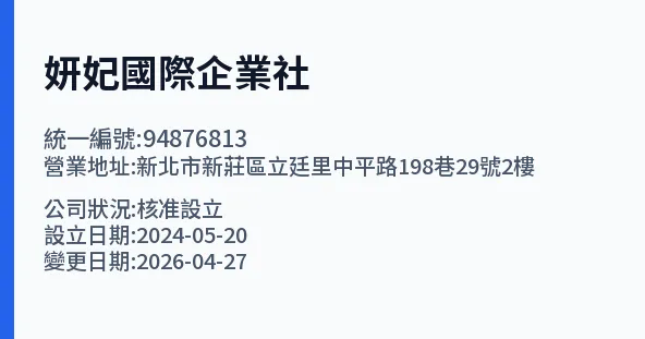 妍妃國際企業社的照片-統編 94876813(新北市) 公司登記資料與營業項目詳細圖表