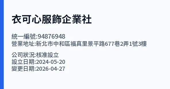 衣可心服飾企業社的照片-統編 94876948(新北市) 公司登記資料與營業項目詳細圖表