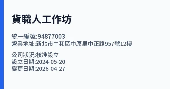 貨職人工作坊的照片-統編 94877003(新北市) 公司登記資料與營業項目詳細圖表
