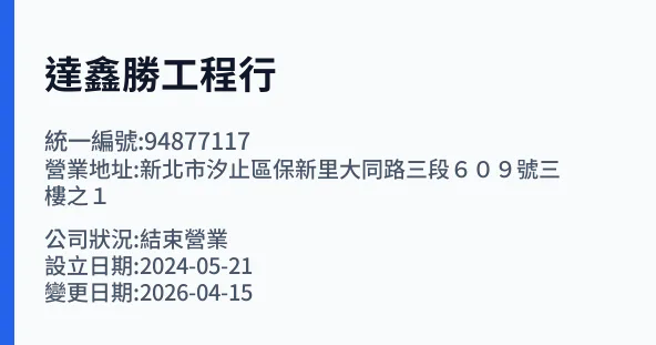 達鑫勝工程行的照片-統編 94877117(新北市) 公司登記資料與營業項目詳細圖表
