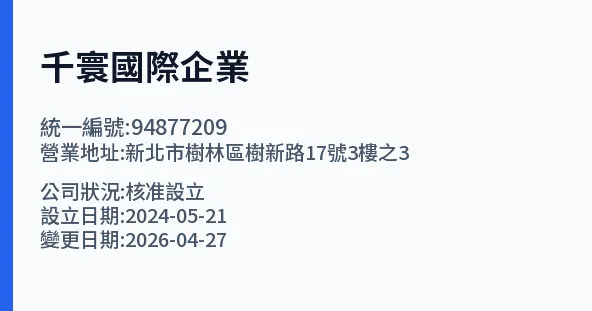 千寰國際企業的照片-統編 94877209(新北市) 公司登記資料與營業項目詳細圖表