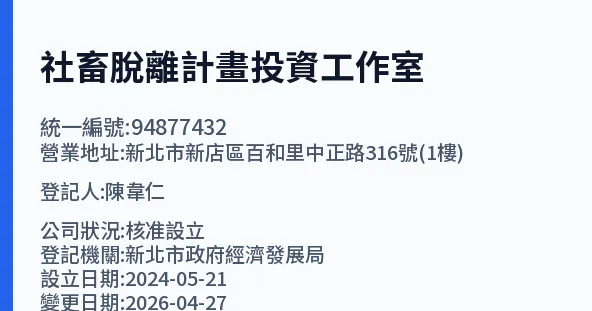 社畜脫離計畫投資工作室的照片-統編 94877432(新北市) 公司登記資料與營業項目詳細圖表