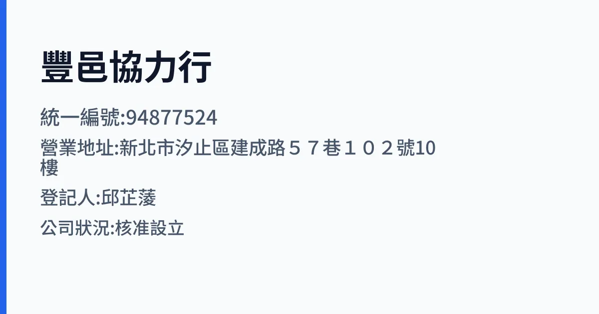 豐邑協力行 - 統編 94877524(新北市) 公司登記資料與營業項目詳細圖表
