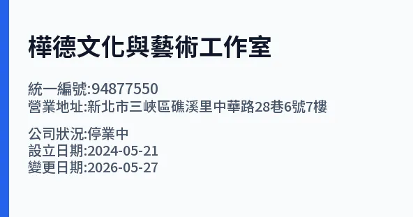 樺德文化與藝術工作室的照片-統編 94877550(新北市) 公司登記資料與營業項目詳細圖表