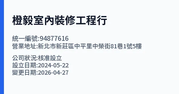 橙毅室內裝修工程行的照片-統編 94877616(新北市) 公司登記資料與營業項目詳細圖表