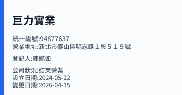 巨力實業的照片-統編 94877637(新北市) 公司登記資料與營業項目詳細圖表