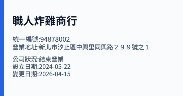 職人炸雞商行的照片-統編 94878002(新北市) 公司登記資料與營業項目詳細圖表