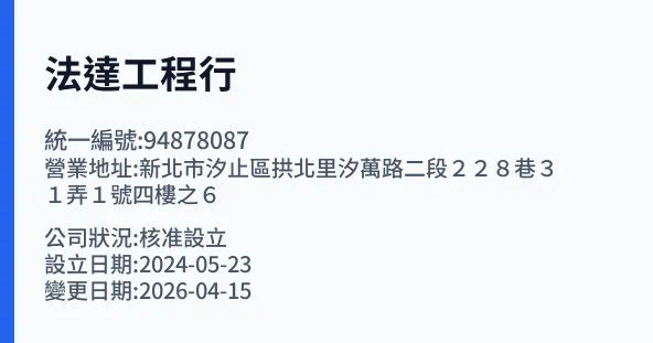 法達工程行的照片-統編 94878087(新北市) 公司登記資料與營業項目詳細圖表