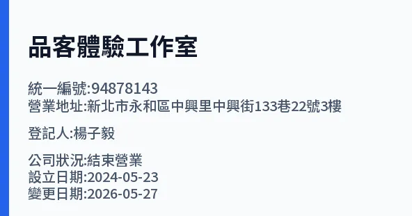品客體驗工作室的照片-統編 94878143(新北市) 公司登記資料與營業項目詳細圖表