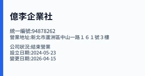 億李企業社的照片-統編 94878262(新北市) 公司登記資料與營業項目詳細圖表