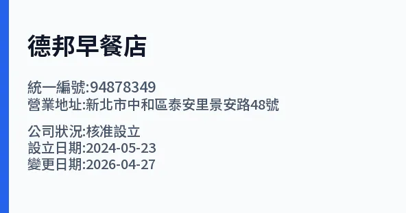 德邦早餐店的照片-統編 94878349(新北市) 公司登記資料與營業項目詳細圖表