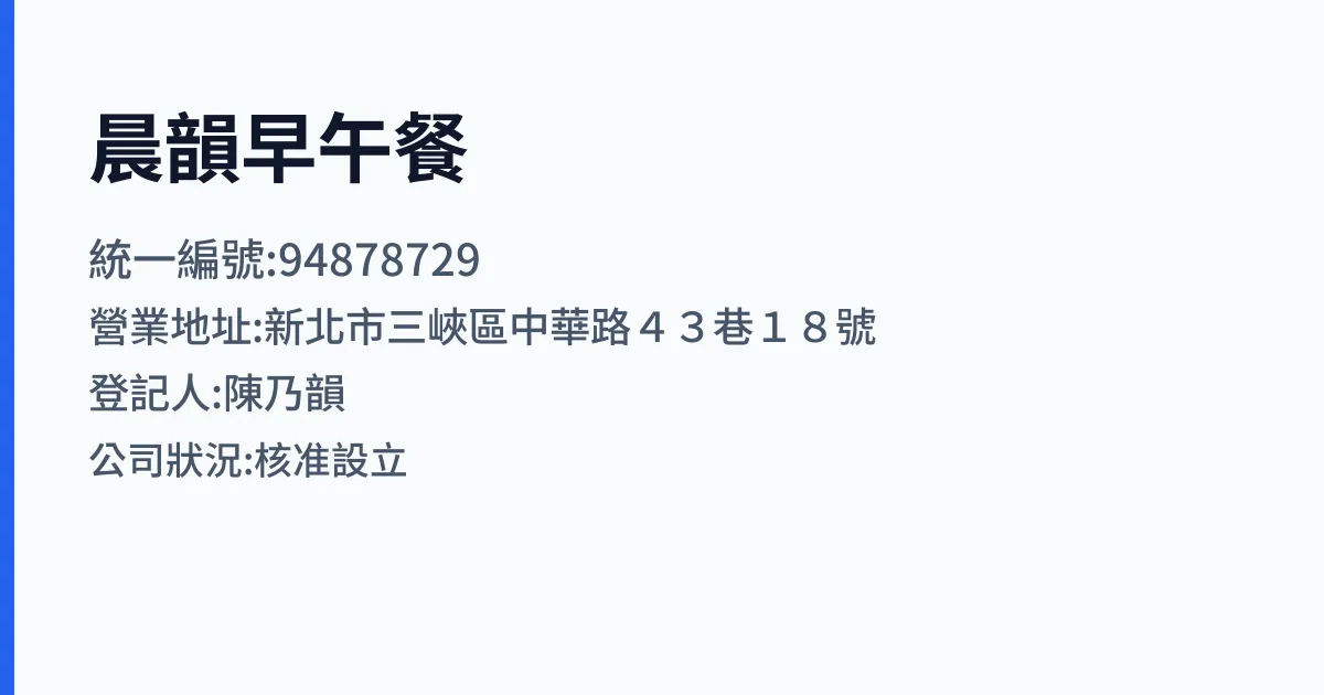 晨韻早午餐 - 統編 94878729(新北市) 公司登記資料與營業項目詳細圖表