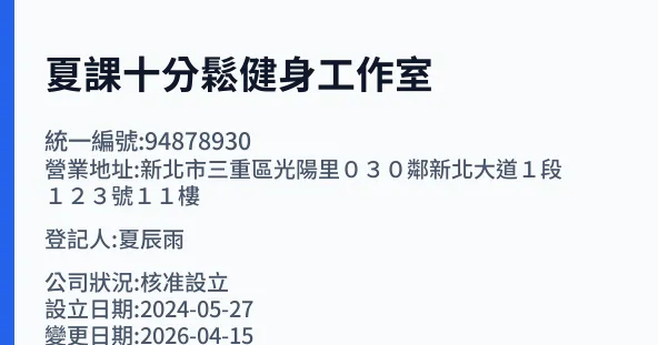 夏課十分鬆健身工作室的照片-統編 94878930(新北市) 公司登記資料與營業項目詳細圖表