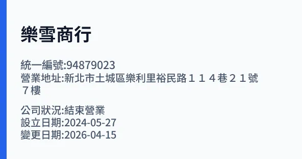 樂雪商行的照片-統編 94879023(新北市) 公司登記資料與營業項目詳細圖表