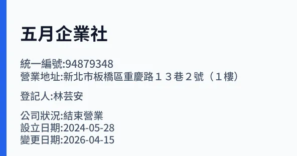 五月企業社的照片-統編 94879348(新北市) 公司登記資料與營業項目詳細圖表
