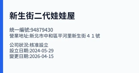 新生街二代娃娃屋的照片-統編 94879430(新北市) 公司登記資料與營業項目詳細圖表