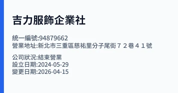 吉力服飾企業社的照片-統編 94879662(新北市) 公司登記資料與營業項目詳細圖表