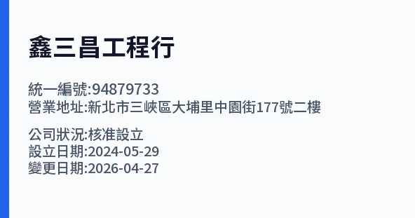 鑫三昌工程行的照片-統編 94879733(新北市) 公司登記資料與營業項目詳細圖表