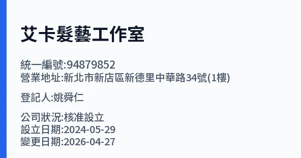 艾卡髮藝工作室的照片-統編 94879852(新北市) 公司登記資料與營業項目詳細圖表