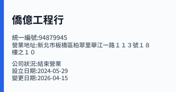 僑億工程行的照片-統編 94879945(新北市) 公司登記資料與營業項目詳細圖表