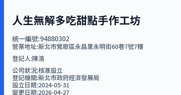 人生無解多吃甜點手作工坊的照片-統編 94880302(新北市) 公司登記資料與營業項目詳細圖表