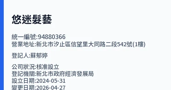 悠迷髮藝的照片-統編 94880366(新北市) 公司登記資料與營業項目詳細圖表