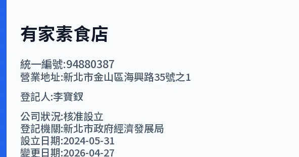 有家素食店的照片-統編 94880387(新北市) 公司登記資料與營業項目詳細圖表