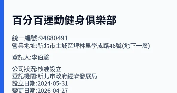百分百運動健身俱樂部的照片-統編 94880491(新北市) 公司登記資料與營業項目詳細圖表
