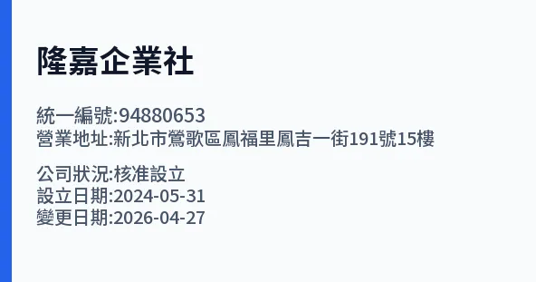 隆嘉企業社的照片-統編 94880653(新北市) 公司登記資料與營業項目詳細圖表