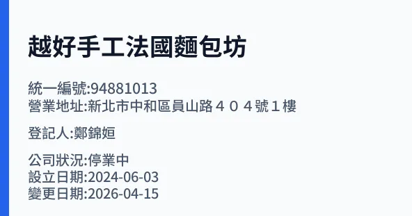 越好手工法國麵包坊的照片-統編 94881013(新北市) 公司登記資料與營業項目詳細圖表