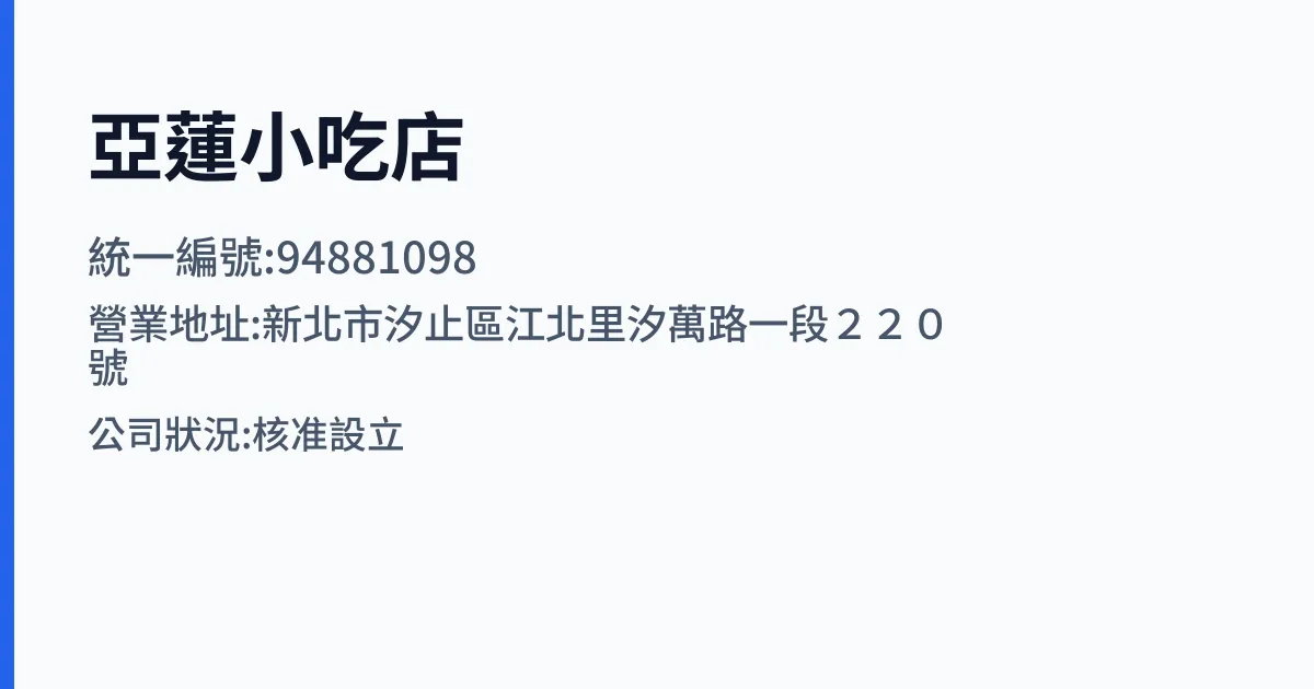 亞蓮小吃店 - 統編 94881098(新北市) 公司登記資料與營業項目詳細圖表