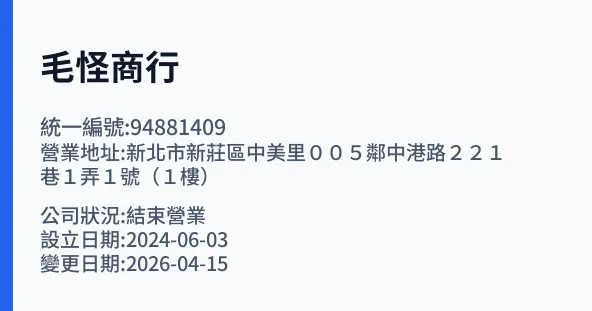 毛怪商行的照片-統編 94881409(新北市) 公司登記資料與營業項目詳細圖表