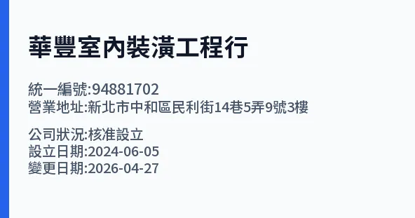 華豐室內裝潢工程行的照片-統編 94881702(新北市) 公司登記資料與營業項目詳細圖表