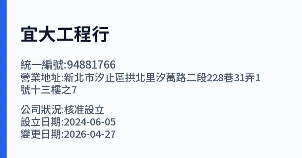 宜大工程行的照片-統編 94881766(新北市) 公司登記資料與營業項目詳細圖表