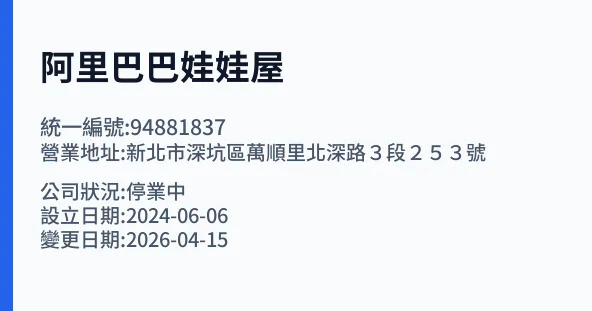 阿里巴巴娃娃屋的照片-統編 94881837(新北市) 公司登記資料與營業項目詳細圖表