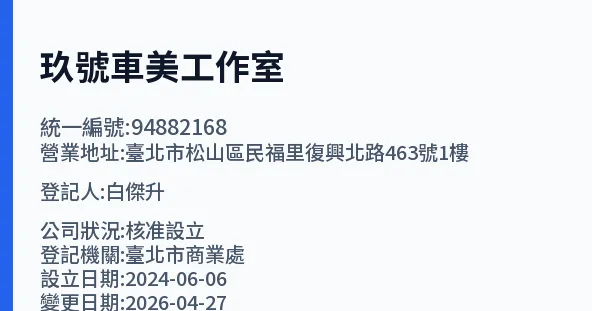 玖號車美工作室的照片-統編 94882168(臺北市) 公司登記資料與營業項目詳細圖表