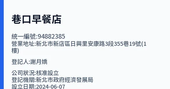 巷口早餐店的照片-統編 94882385(新北市) 公司登記資料與營業項目詳細圖表